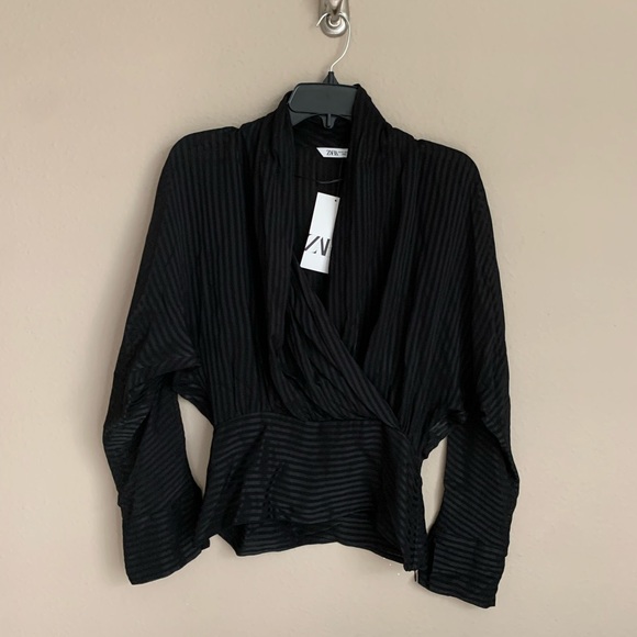 Zara | Tops | Zara New Woman S23 Black Zw Collection Semisheer Surplice ...
